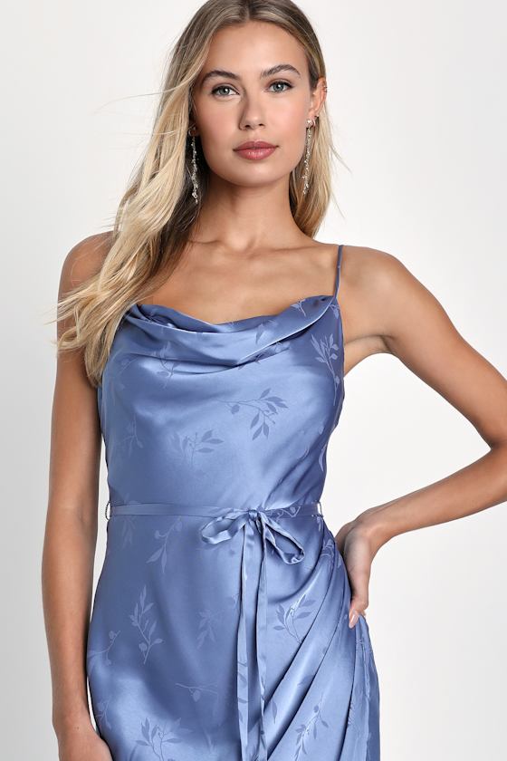 Periwinkle Satin Dress - Jacquard Midi Dress - Cowl Satin Dress - Lulus