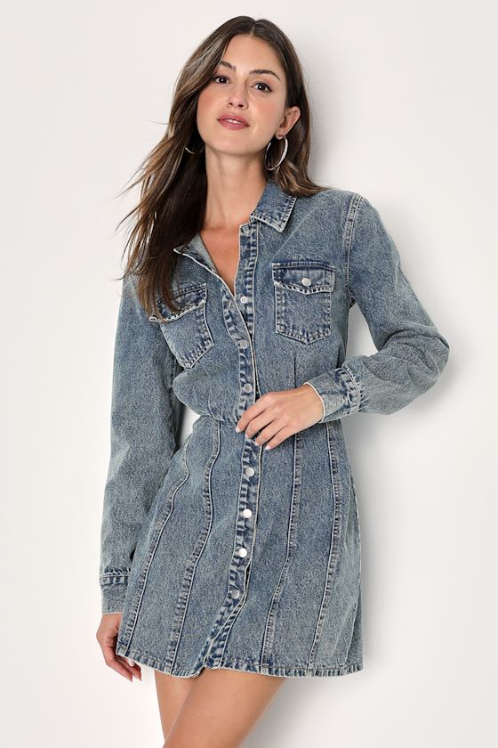 Medium Wash Denim Dress - Jean Dress - Long Sleeve Denim Dress - Lulus