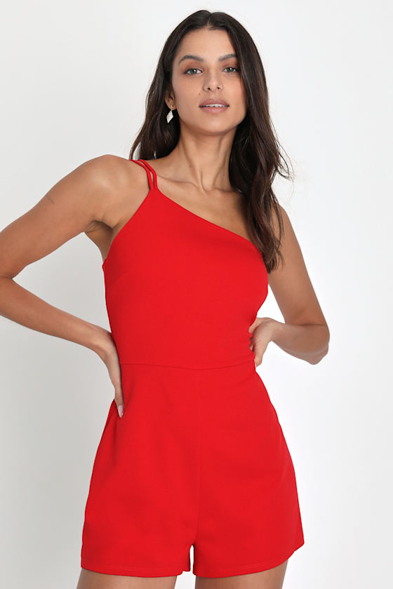 Red One-Shoulder Romper - Flirty Romper - Sexy Black Romper - Lulus
