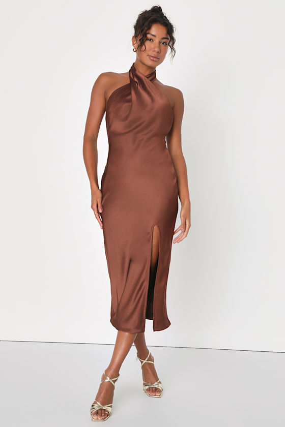 Brown Midi Dress - Satin Midi Dress - Backless Halter Dress - Lulus