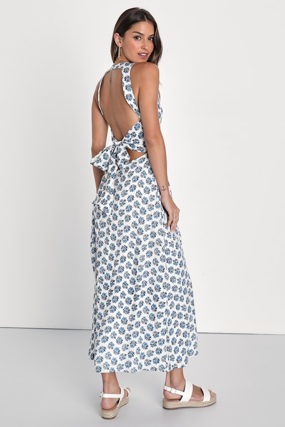 Ivory Floral Print Dress - Slit Midi Dress - Backless Dress - Lulus
