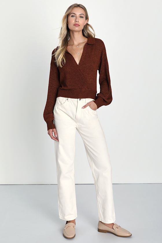 Chocolate Brown Sweater - Collared Sweater Top - Surplice Sweater - Lulus