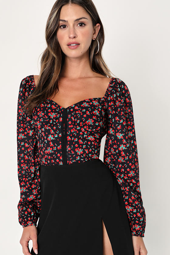 Flirty Black Floral Top - Hook-And-Eye Top - Long Sleeve Top - Lulus