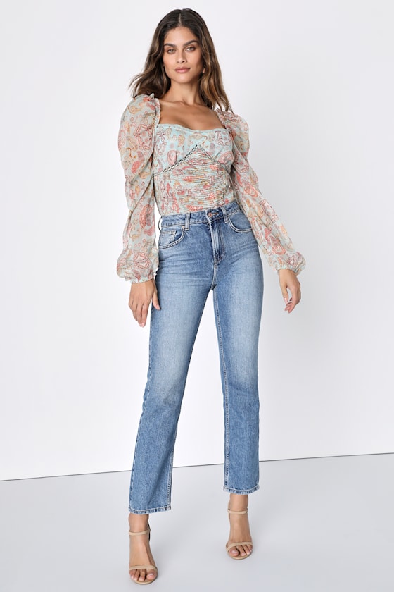 Light Blue Paisley Bodysuit - Chiffon Bodysuit - Pleated Bodysuit - Lulus