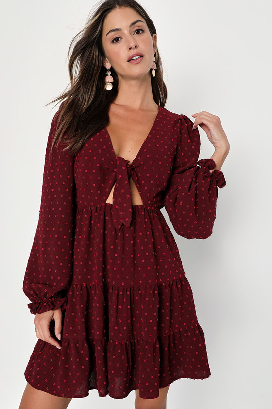 Burgundy Swiss Dot Dress Tie Front Dress Tiered Mini Dress Lulus
