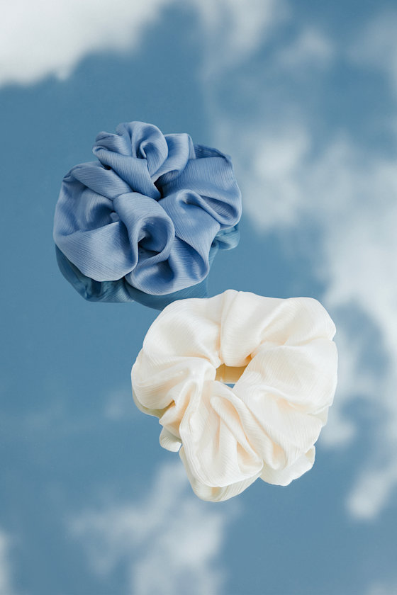 Cream and Blue Scrunchie Set - Satin Scrunchies - Scrunchies - Lulus