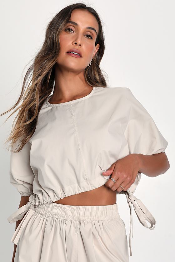 Cute Beige Top - Drawstring Top - Short Sleeve Top - Crop Top - Lulus