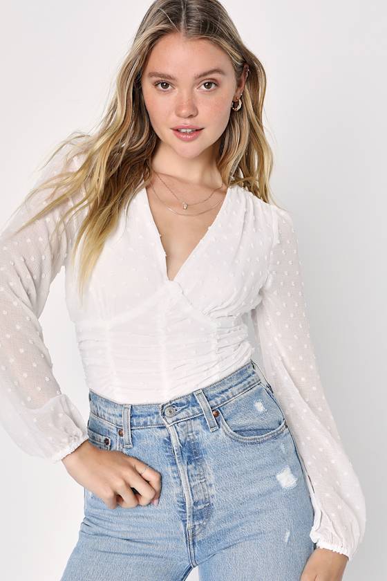 White Clip Dot Top - Ruched Long Sleeve Top - Balloon Sleeve Top - Lulus
