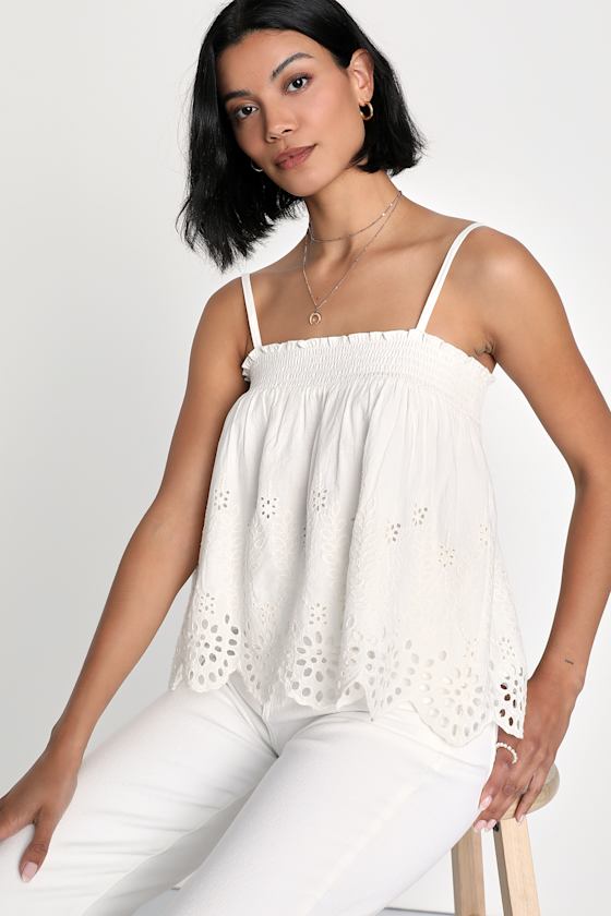 Ivory Eyelet Top - Embroidered Cami Top - Smocked Cami Top - Lulus