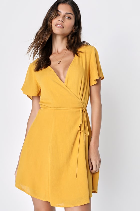 Cute Mustard Yellow Dress Wrap Dress Short Sleeve Dress Lulus