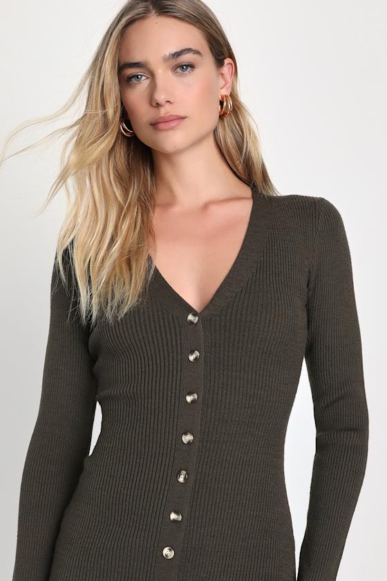 Green Ribbed Dress - Long Sleeve Midi Dress - Button-Front Dress - Lulus