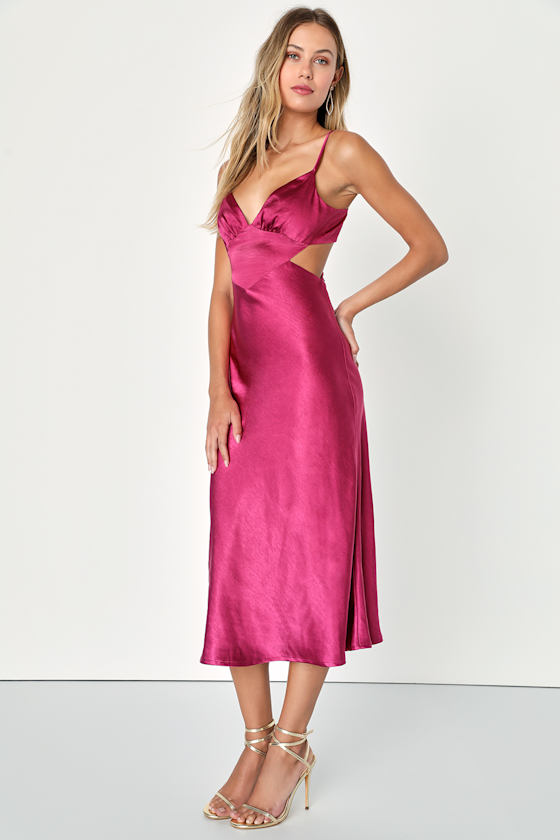 Magenta Midi Dress - Satin Strappy Dress - Sleeveless Dress - Lulus