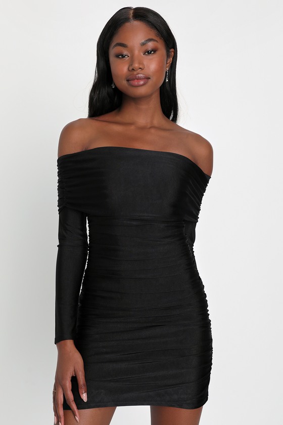 Black Off The Shoulder Dress Ruched Dress Bodycon Mini Dress Lulus