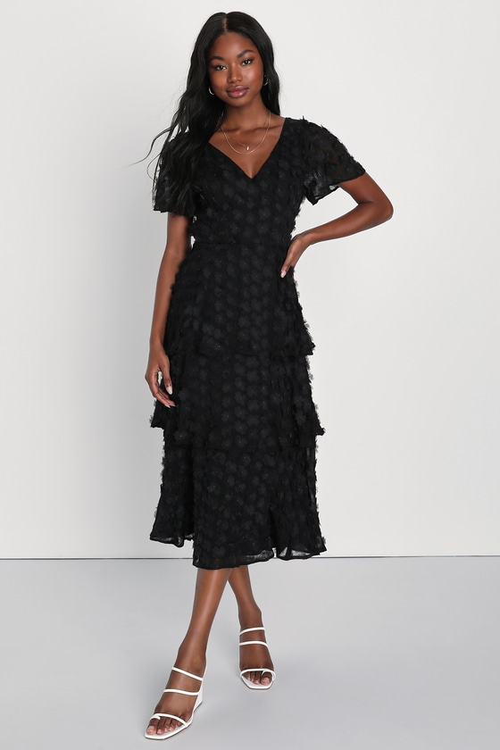 Black Tiered Dress 3d Floral Applique Dress Tiered Midi Dress Lulus