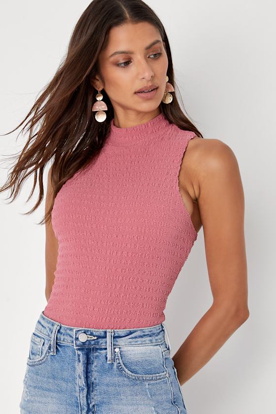 Mauve Pink Textured Top - Mock Neck Bodysuit - Textured Bodysuit - Lulus