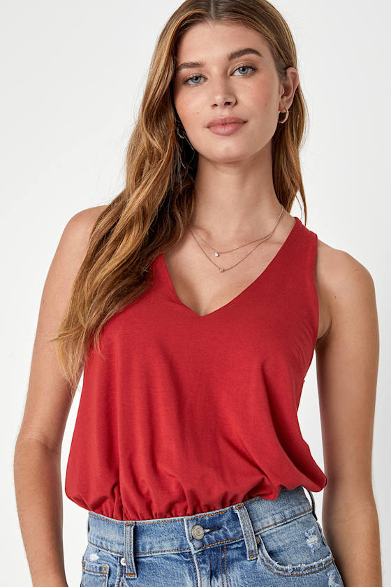 Rust Red Bodysuit - Sleeveless Bodysuit - V-Neck Bodysuit - Lulus