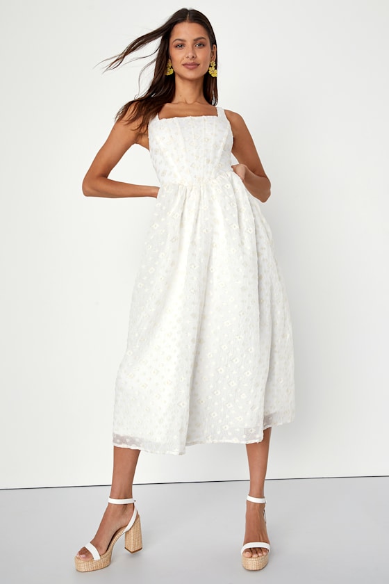 Ivory Organza Dress - Bustier Midi Dress - Dress With Pockets - Lulus