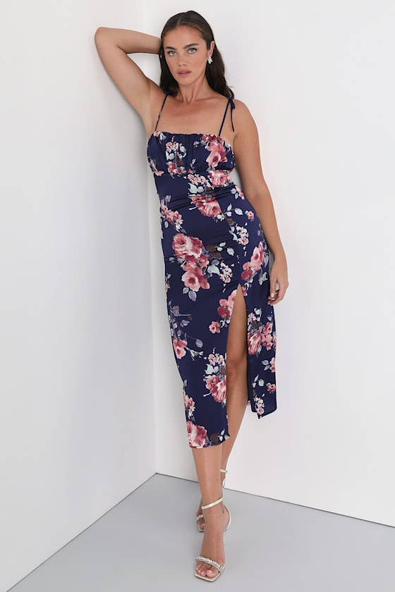Navy Blue Floral Dress - Satin Midi Dress - Tie-Strap Midi Dress - Lulus