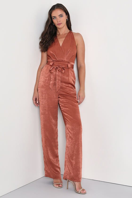 Rust Wide-Leg Jumpsuit - Satin Jumpsuit - Surplice Jumpsuit - Lulus