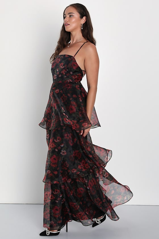 Black Floral Gown Tiered Organza Gown Lace Up Maxi Dress Lulus