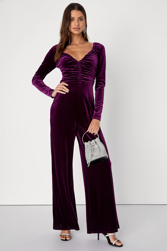 Purple Velvet Jumpsuit - Ruched Jumpsuit - Wide-Leg Jumpsuit - Lulus
