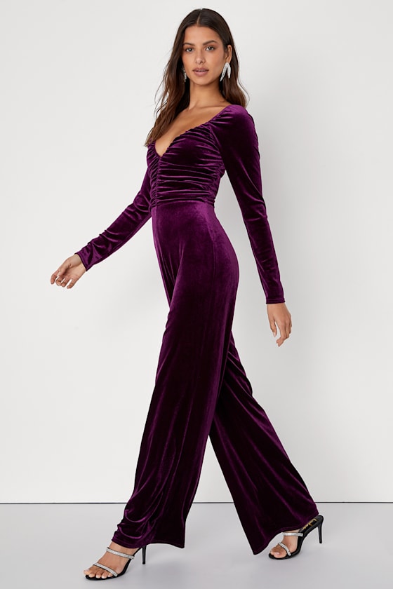 Purple Velvet Jumpsuit - Ruched Jumpsuit - Wide-Leg Jumpsuit - Lulus