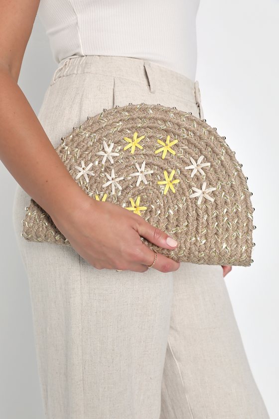 Natural Raffia Clutch - Embroidered Clutch - Half Moon Clutch - Lulus