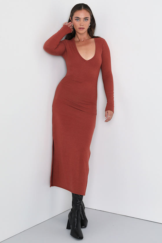 Rust Bodycon Dress - Textured Midi Dress - Long Sleeve Midi Dress - Lulus