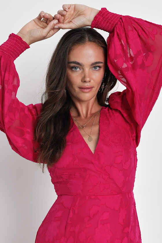 Berry Pink Dress - Floral Burnout Dress - Balloon Sleeve Dress - Lulus
