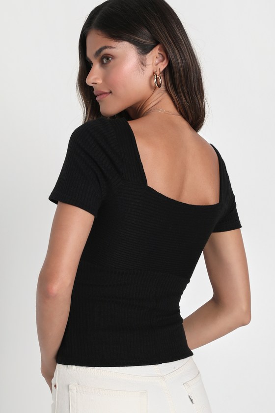 Black Short Sleeve Top - Black Ribbed Top - Square Neck Top - Lulus