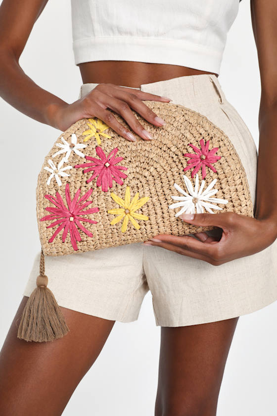 Beige Floral Clutch - Cute Straw Clutch - Half Moon Clutch - Lulus