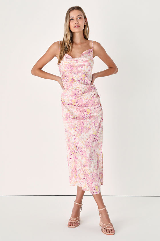 Pink Floral Midi Dress - Ruched Satin Dress - Sleeveless Midi - Lulus