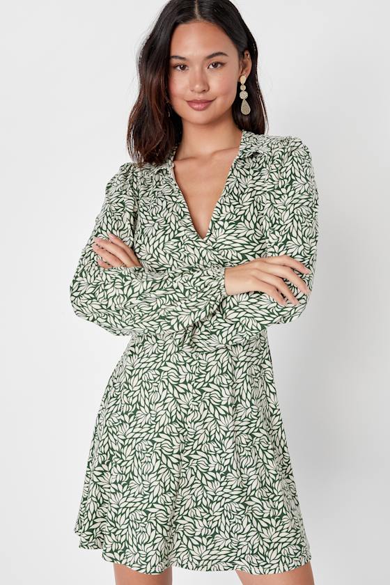 Green Print Mini Dress - Wrap Bodice Dress - Long Sleeve Dress - Lulus