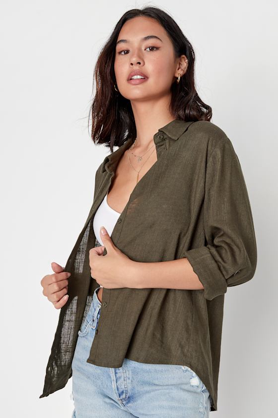 Olive Green Linen Top - Button Down Top - Long Sleeve Top - Lulus