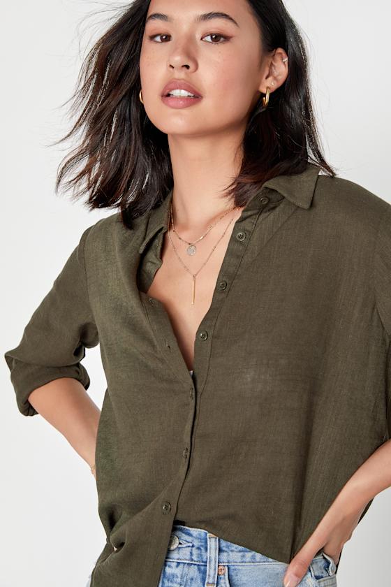Olive Green Linen Top - Button Down Top - Long Sleeve Top - Lulus