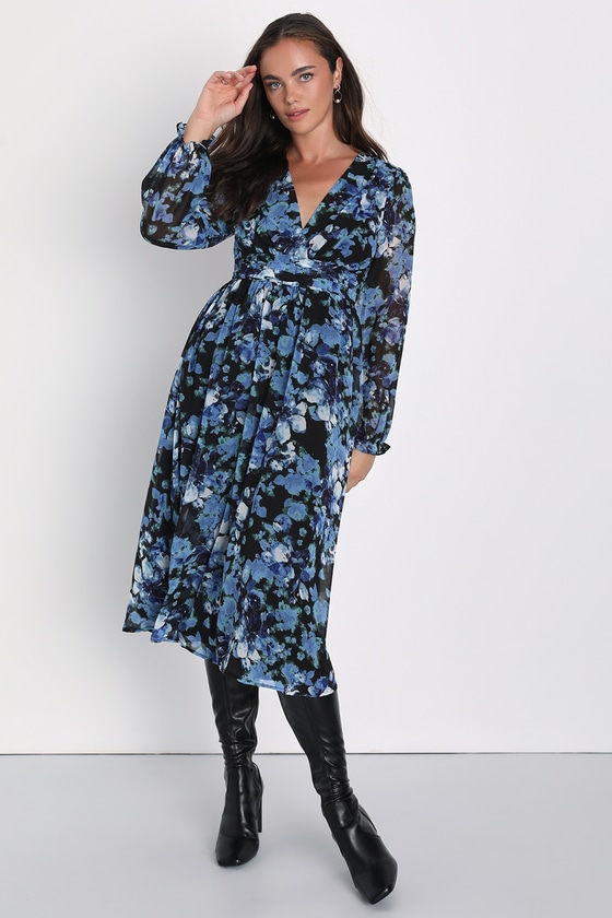 Black Floral Print Dress Long Sleeve Dress Floral Midi Dress Lulus