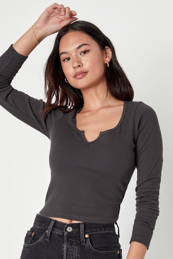 Dark Grey Top - Ribbed Knit Top - Cropped Long Sleeve Top - Lulus