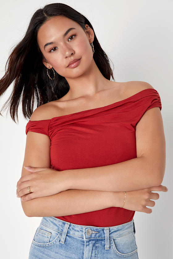 Rusty Red Bodysuit - Off-The-Shoulder Bodysuit - Ruched Bodysuit - Lulus