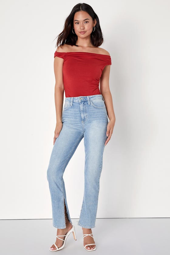 Rusty Red Bodysuit - Off-The-Shoulder Bodysuit - Ruched Bodysuit - Lulus