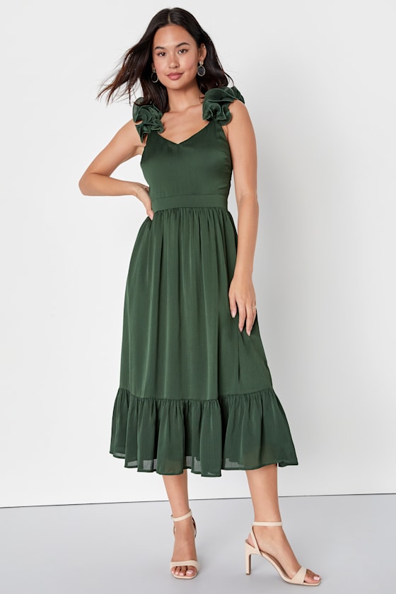 Emerald Green Midi Dress - Ruffle Strap Midi Dress - Tiered Dress - Lulus