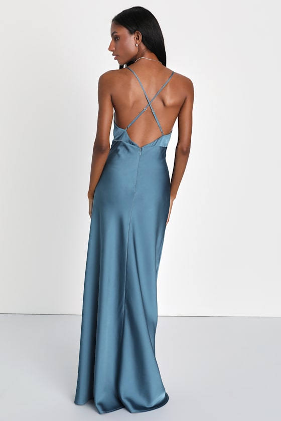 Slate Blue Bridesmaid Dress - Blue Satin Gown - Backless Dress - Lulus