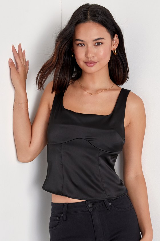 Black Crop Top Satin Crop Top Sexy Under Bust Seam Top Lulus
