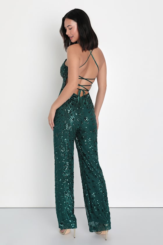 Green Sequin Jumpsuit - Lace-Up Jumpsuit - Wide-Leg Jumpsuit - Lulus