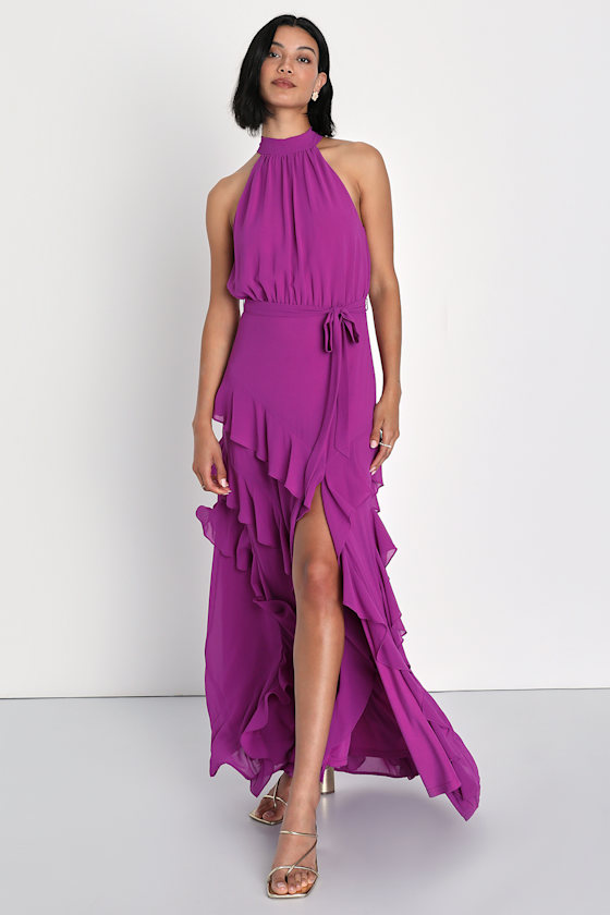 Purple Halter Dress - Asymmetrical Ruffled Dress - Maxi Dress - Lulus