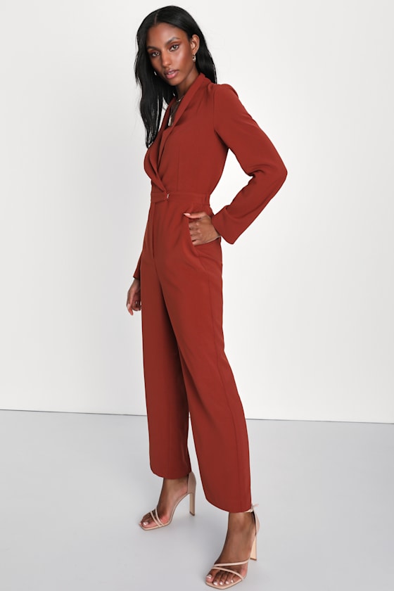 Long Sleeve Jumpsuit - Collared Jumpsuit - Rust Brown Jumpsuit - Lulus