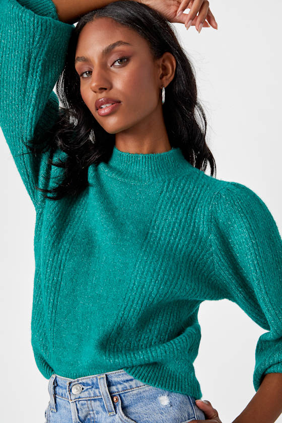 Teal Green Sweater - Mock Neck Sweater - Balloon Sleeve Sweater - Lulus