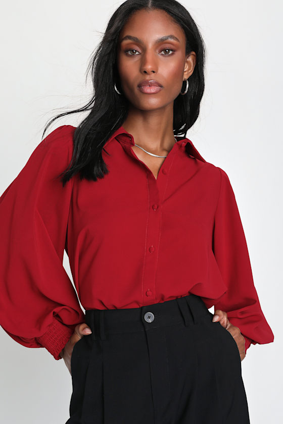 Wine Red Blouse - Long Sleeve Button Up - Button Up Top - Lulus