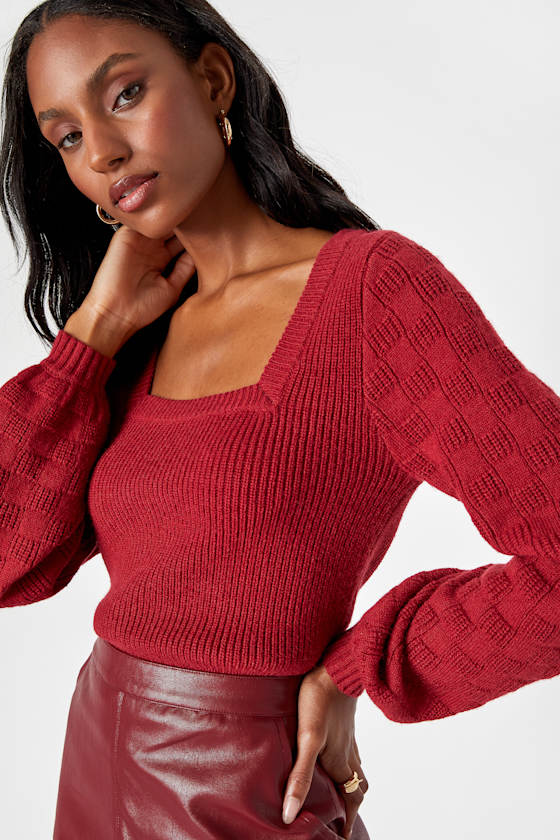 Wine Red Sweater - Balloon Sleeve Sweater -Square Neck Sweater - Lulus