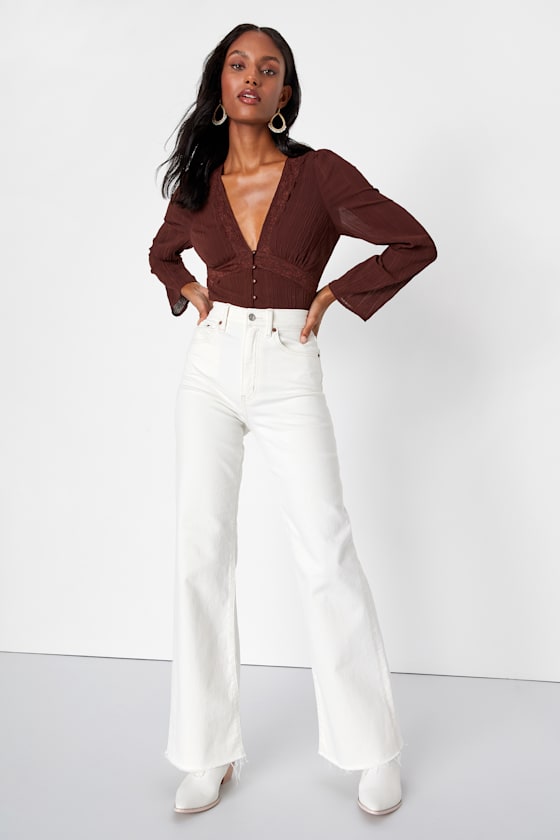 Brown Plisse Top - Lace Button-Up Top - Lacy Blouse - Pleated Top - Lulus