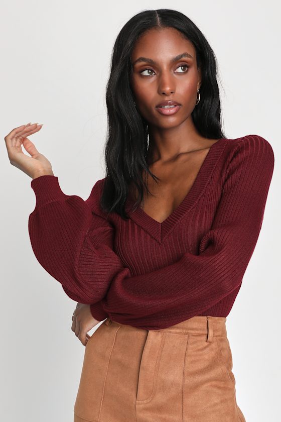 Burgundy Top - Ribbed Sweater Top - V-Neck Sweater Top - Lulus